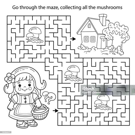 미로 또는 미로 게임 수수께끼 색칠 페이지 윤곽을 색칠하는 만화 귀여운 소녀의 바구니가 길을 따라 집으로 걸어 작은 빨간 승마 후드 동화 아이들을위한 색칠 공부책 미로찾기에