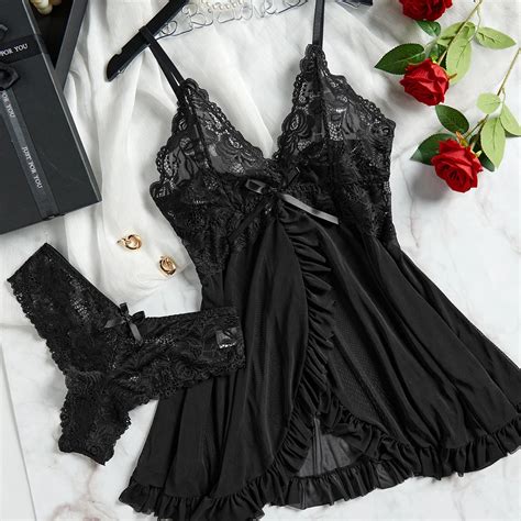 Women Nightdress Sexy Lace Chemise Bow Nightgown Sleepwear Mini Dress