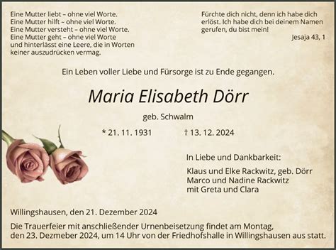 Traueranzeigen Von Maria Dörr Trauer Hna De