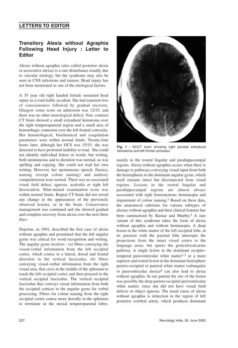 Pdf Transitory Alexia Without Agraphia Following Head Injury Letter