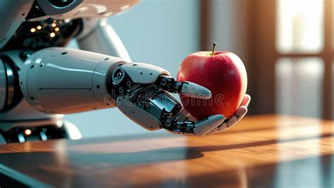 Robotic Hand Holding A Red Apple On A Wooden Table In A Sunlit Room Symbolizing Technology And
