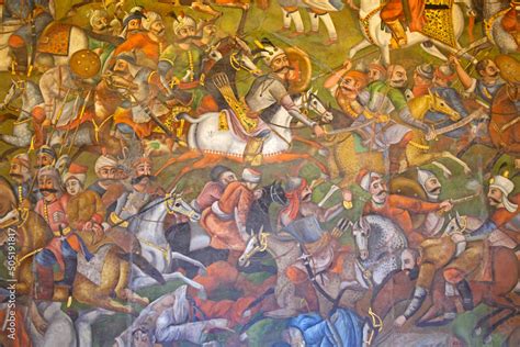 Fresco At Chehel Sotoun Palace Showing The Battle Of Chaldoran Between Shah Ssmaeel Safavid And