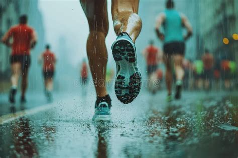 A Runner Is Running In The Rain With Other Runners Behind Him Concept