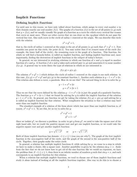 Lecture 24 Fdsfa Implicit Functions Defining Implicit Functions Up