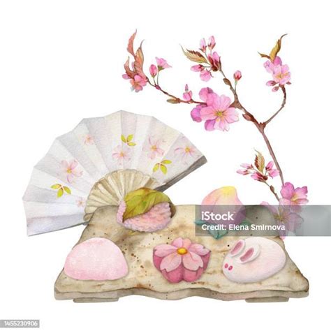 수채화 손으로 그린 일본 전통 과자 도자기 접시 봄 네리 키리 와가시 흰색 배경에 격리 초대장 레스토랑 메뉴 인사말 카드 인쇄 섬유 디자인 0명에 대한 스톡 벡터 아트 및