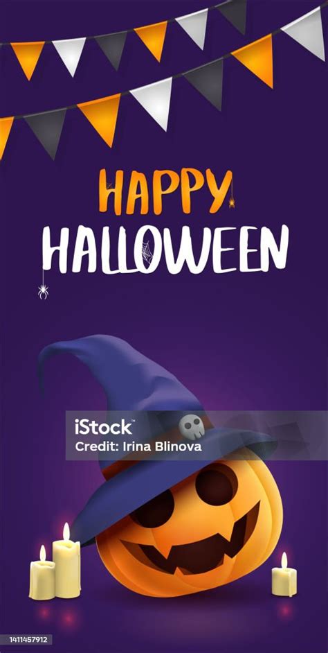 얼굴과 마녀 모자가있는 사실적인 호박의 그림과 함께 행복한 할로윈 배너 10월에 대한 스톡 벡터 아트 및 기타 이미지 10월 3차원 형태 가을 Istock