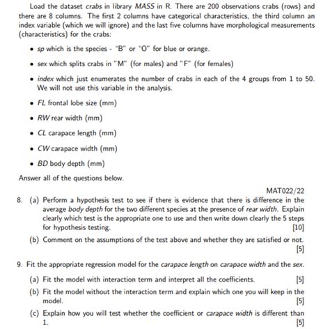 Solved Load The Dataset Crabs In Library Mass In R There