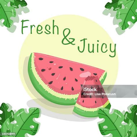 수박 조각 잎 얼음 조각이 있는 엽서 레터링 포함 벡터 평면 그림입니다 신선하고 육즙이 풍부합니다 노란색 원이 있는 흰색 배경 0명에 대한 스톡 벡터 아트 및 기타 이미지