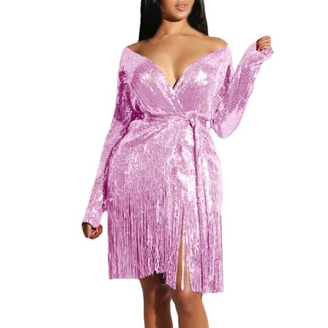 Gdreda Evening Gowns For Women Formal Sequin Dress For Women Long Sleeve V Neck Sparkly Glitter