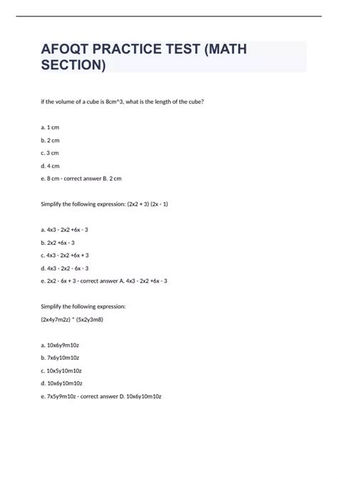 Afoqt Practice Test Math Section Question And Answers Correctly Solved 2023 2024 Afoqt