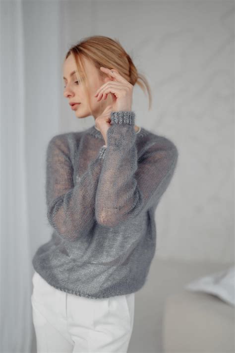 Silk Mohair Knit Sweater Sheer Romantic Pullover With Piquet Stitch Etsy