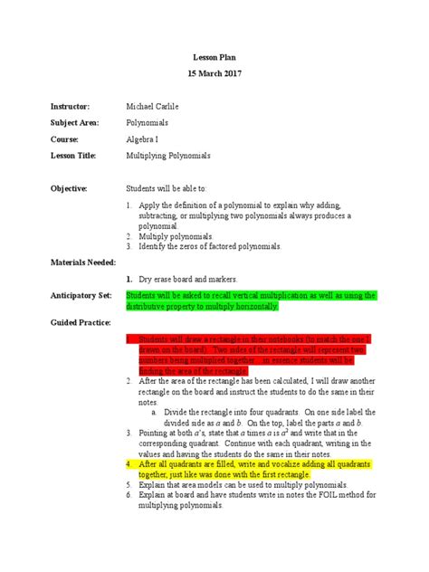 Lesson Plan Algebra Pdf Multiplication Polynomial