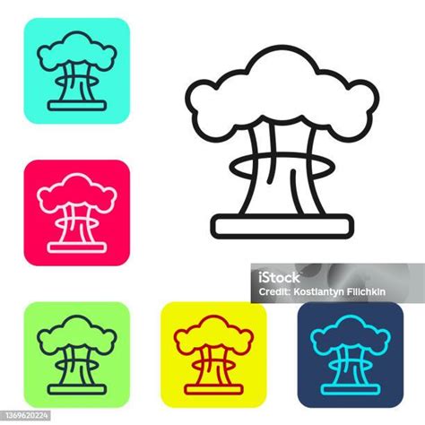 흰색 배경에 격리 된 검은 줄 핵 폭발 아이콘 원자폭탄 핵전쟁의 상징 세계의 종식 색상 정사각형 단추로 아이콘을 설정합니다 벡터 개념에 대한 스톡 벡터 아트 및 기타 이미지