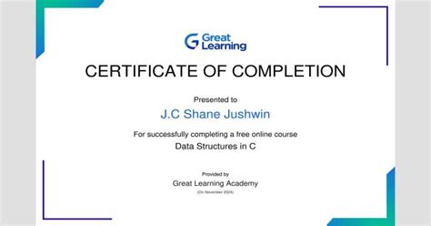 Data Structures In C Course Completion Certificate For Jc Shane Jushwin J C Shane Jushwin