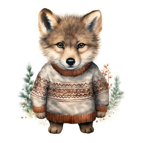 Cute Woodland Eurasian Wolf In Winter Sweater Watercolor Style For