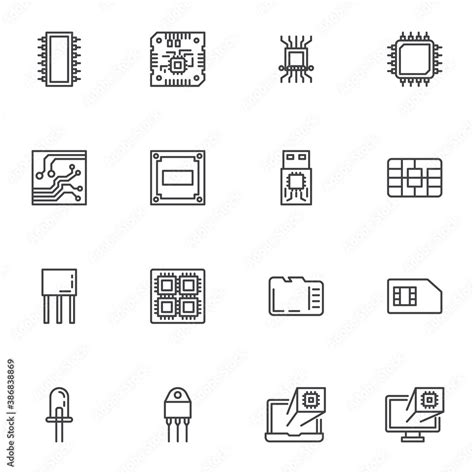 Computer Microchip Line Icons Set Outline Vector Symbol Collection Linear Style Pictogram Pack
