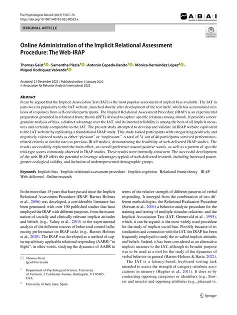 Pdf Online Administration Of The Implicit Relational Assessment Procedure The Web Irap