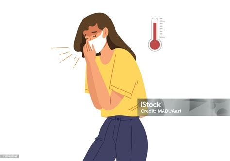 고온 온도계가 있는 얼굴 마스크로 재채기 또는 기침을 하는 젊은 아픈 여성 감기와 독감에 대한 스톡 벡터 아트 및 기타 이미지 감기와 독감 기침하기 증상 Istock