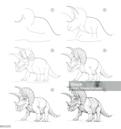 페이지는 트리케라톱스의 스케치를 그리는 법을 배우는 방법을 보여줍니다 단계별 연필 그리기 만들기 아티스트를 위한 교육
