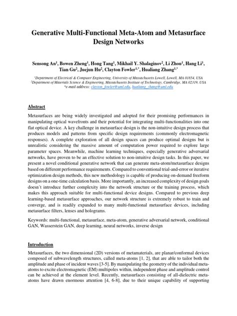 Generative Multi Functional Meta Atom And Metasurface Design Networks Arxiv Pdf