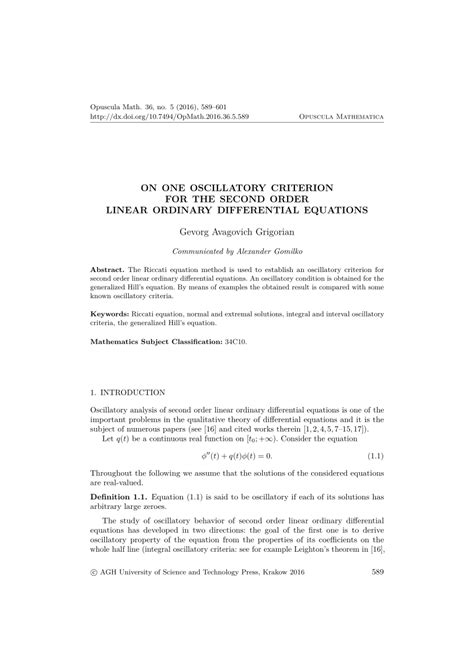 Pdf On One Oscillatory Criterion For The Second Order Linear Ordinary