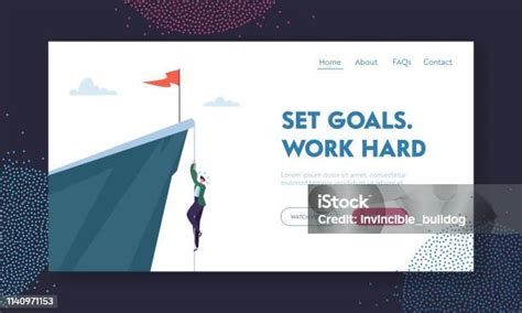 맨 위에 빨간 깃발을 가진 산에 등반 하는 남자 성공을 얻기 위해 노력 하는 비즈니스 캐릭터 목표 달성 리더십 동기 부여 개념 열심히 일 하는 랜딩 페이지 만화 평면 벡터