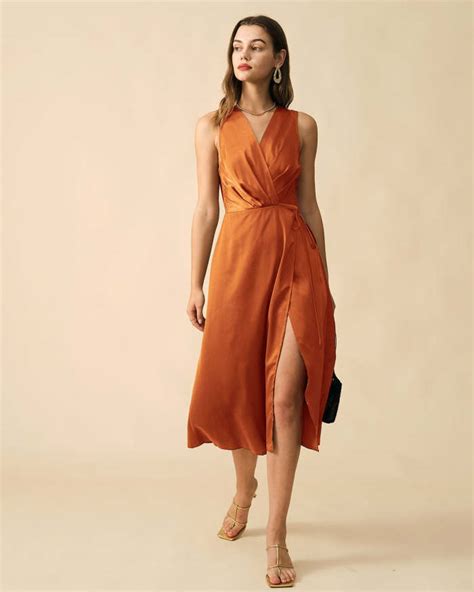 Us 3500 The Orange Sleeveless Wrap Midi Dress