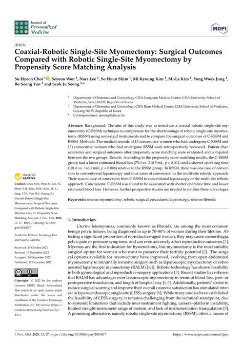 Pdf Coaxial Robotic Single Site Myomectomy Surgical Outcomes Compared With Robotic Single