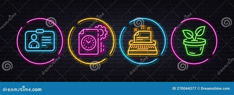 Project Deadline Id Card And Typewriter Minimal Line Icons For Web Application Printing Neon