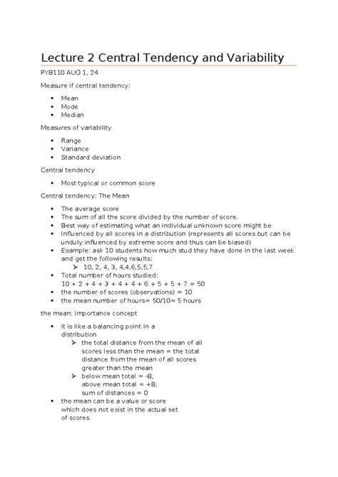 Lecture 2 Lecture 2 Central Tendency And Variability Pyb110 Aug