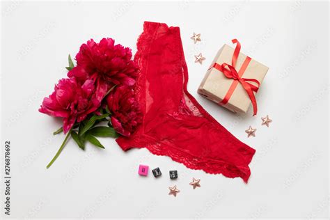 Romantic Love Relationship Composition Of Red Lingerie With A Sex Cubes Red Branch Peonies A