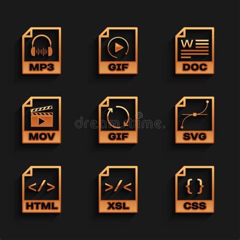 Set  File Document Xsl Css Svg Html And Mov Icon Vector Stock Illustration