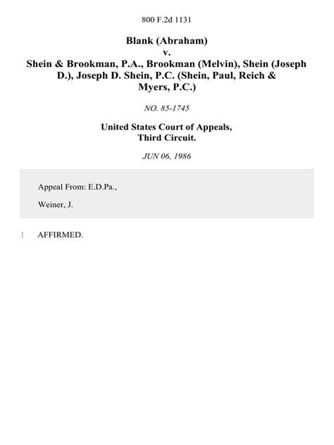 Blank Abraham V Shein And Brookman P A Brookman Melvin Shein Joseph D Joseph D Shein