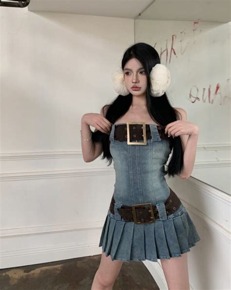 Blue Large Belt Denim Tube Dress Shuhua G I Dle Fashion Chingu