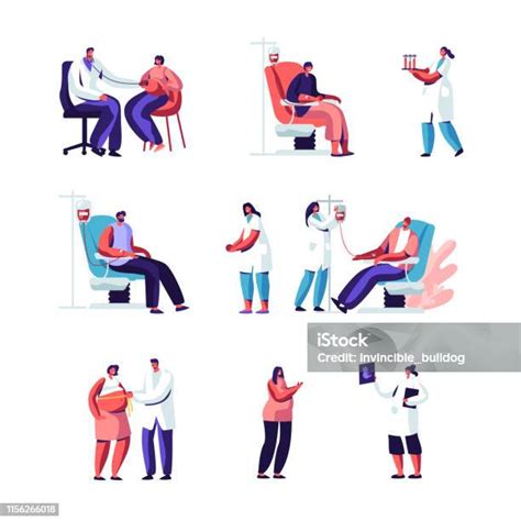 임신 및 혈액 기증 세트 의사 약속에 임신 한 여성 건강 검진 초음파 배 측정 아기 심장 듣기 피를 기부하는 자원봉사자들 만화 플랫 벡터 일러스트 의사에 대한 스톡 벡터