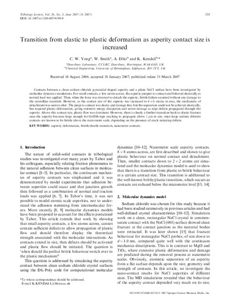 Pdf Transition From Elastic To Plastic Deformation As Asperity Contact Size Is Increased