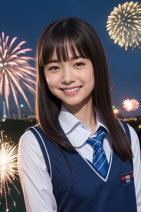 Arafed Asian Girl In Uniform With Fireworks In The Background Seaart Ai