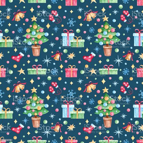 크리스마스 트리 선물 눈송이 양말 종 사탕 수채화 요소와 크리스마스 원활한 패턴 빈티지 스타일의 새해와 크리스마스 장식에 대한 배경 12월에 대한 스톡 벡터 아트 및 기타