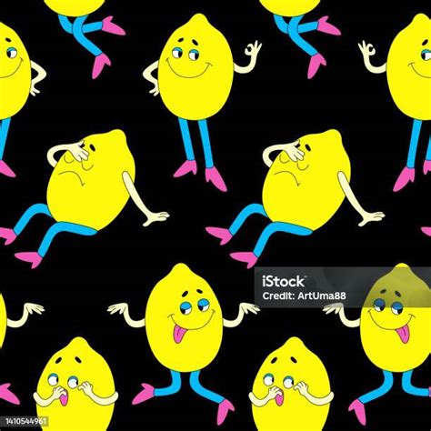 만화 캐릭터의 배경 트렌디 한 복고풍 만화 스타일로 재미있는 레몬이있는 완벽한 벡터 패턴 감귤류 과일에 대한 스톡 벡터 아트 및 기타 이미지 Istock