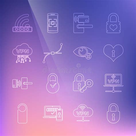 Set Line Lock Vpn Computer Network Heart With Keyhole Digital Door Lock Wireless Bezier