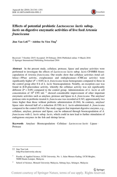 Effects Of Potential Probiotic Lactococcus Lactis Subsp Lactis On Digestive Enzymatic