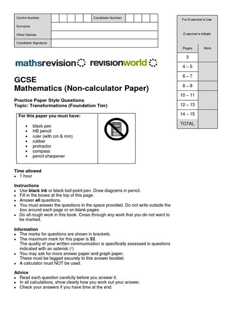 Gcse Maths Practice Paper Transformations Pdf Triangle Shape