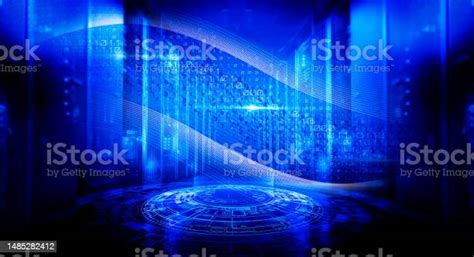 3d 렌더링 빅 데이터 추상 시각화 미래 지향적인 미적 디자인 Hud 요소가 있는 빅 데이터 배경입니다 현대 인터넷 데이터 센터 룸의 스토리지 테이프 Cpu에 대한 스톡