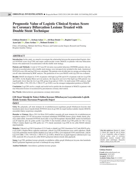 Pdf Prognostic Value Of Logistic Clinical Syntax Score In Coronary