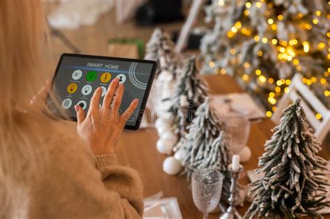 Modern Home Smart Automation App On Tablet Display In Woman Hands At