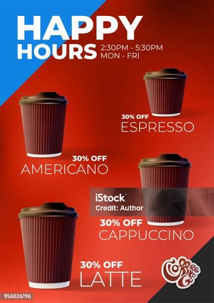 행복 한 시간 할인 포스터가 커피 광고에 대한 스톡 벡터 아트 및 기타 이미지 광고 라떼 마실 것 Istock