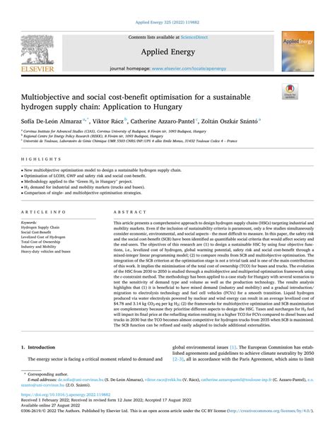 Pdf Multiobjective And Social Cost Benefit Optimisation For A Sustainable Hydrogen Supply