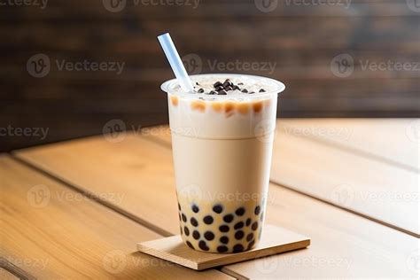 Illustration Of Taiwan Boba Milk Tea With Bubble On Wood Table 26274824