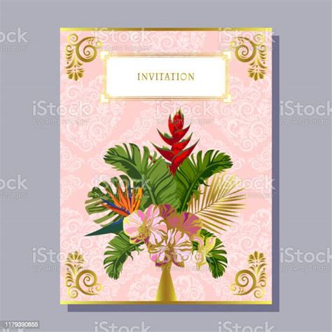 플라밍고와 열대 잎 배경 배너 전단지 초대장 포스터 웹 사이트 또는 인사말 카드에 대한 이국적인 꽃 디자인인사 초대 카드 템플릿 디자인 벡터 일러스트레이션 0명에 대한 스톡