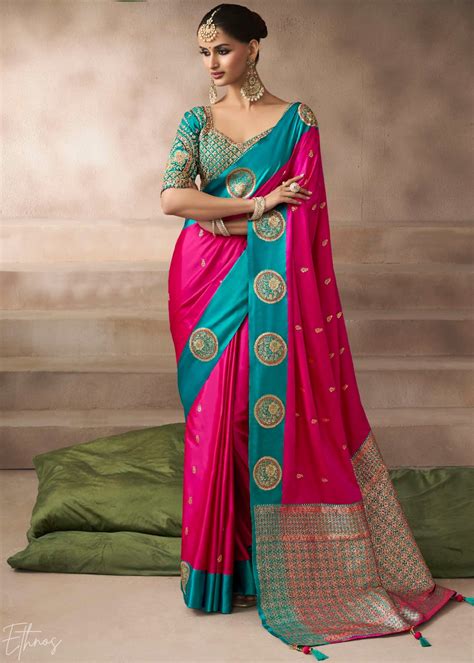 Hot Pink Satin Silk Saree Ethnos